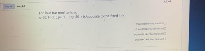 Solved 20 25 For four bar mechanism: s-20; 1= 50; p= 30q40 | Chegg.com