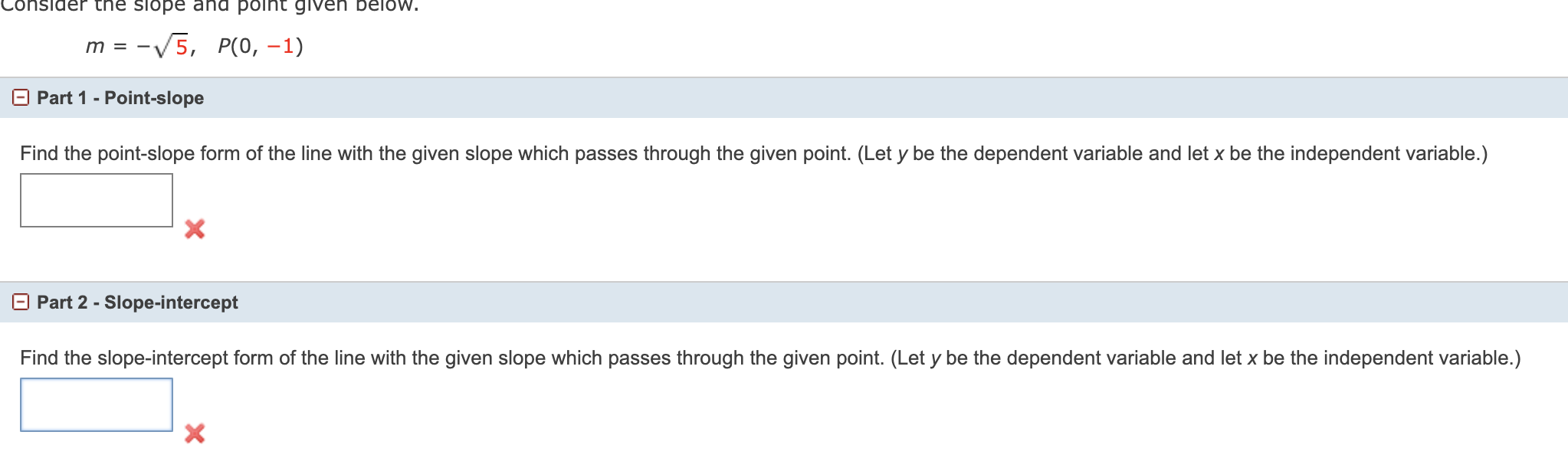 Solved m=-52,P(0,-1)Part 1 - ﻿Point-slopeFind the | Chegg.com