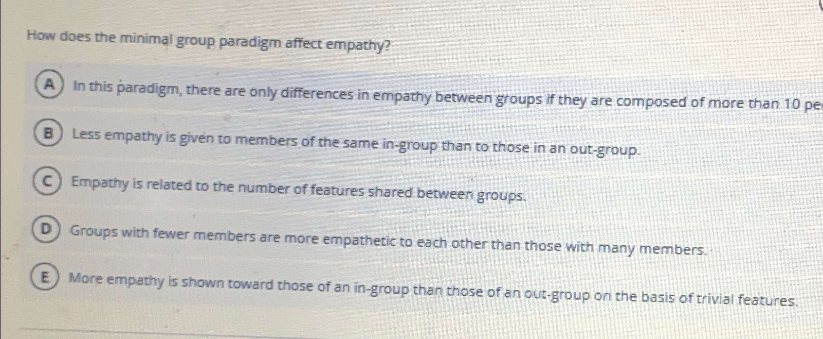 Solved How does the minimal group paradigm affect empathy?In | Chegg.com
