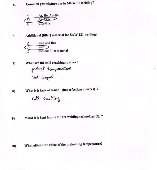 Solved 5. Common gas mixture use in MIG-135 welding? a) | Chegg.com
