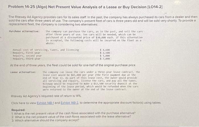 Solved Problem 14-25 (Algo) Net Present Value Analysis of a | Chegg.com