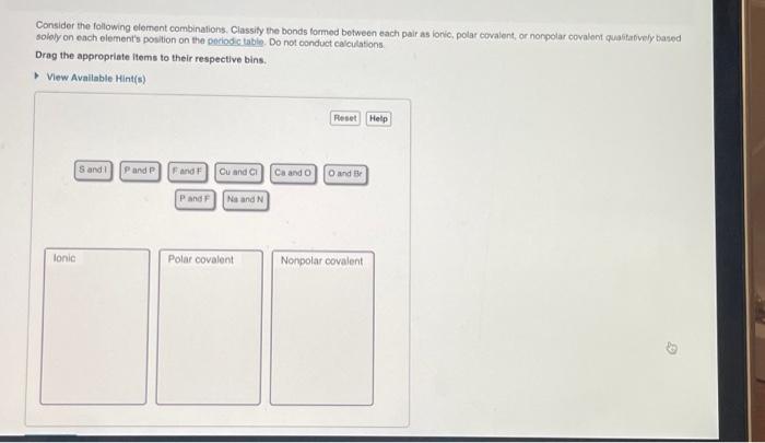 Solved Consider the following element combinations. Classify | Chegg.com