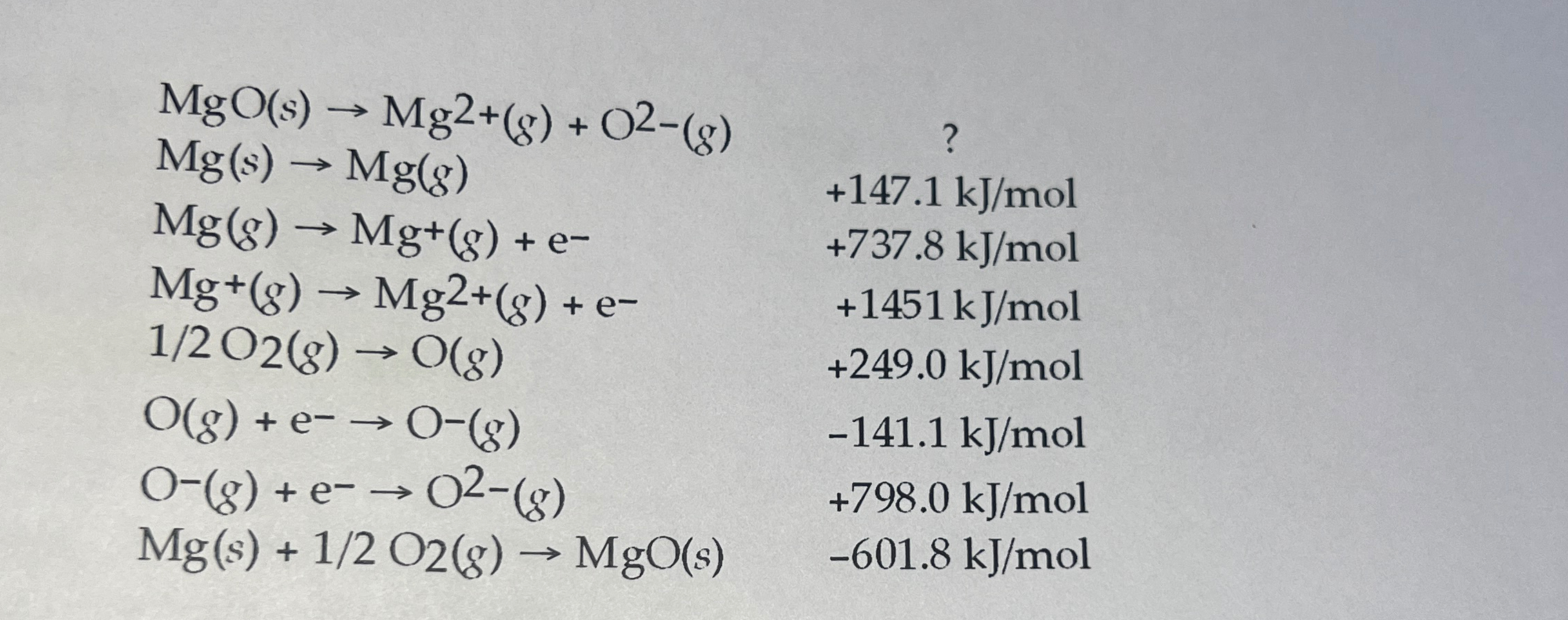 Solved MgO(s)→Mg2+(g)+O2-(g),?Mg(s)→Mg(g),+147.1kJmolMg(g)→M | Chegg.com