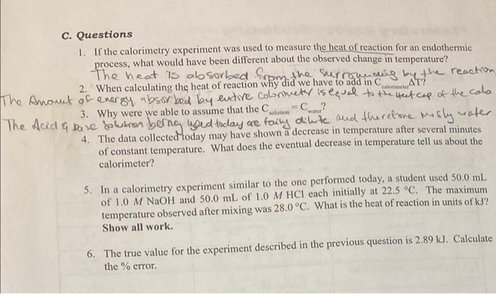 Solved solution c. Questions 1. If the calorimetry | Chegg.com