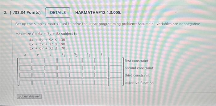 Solved Set Up The Simplex Matrix Used To Solve The Linear 