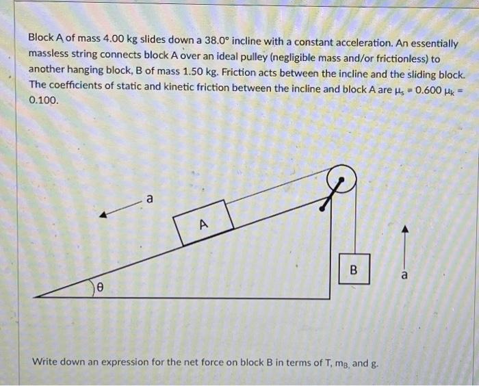 Solved Block A of mass 4.00 kg slides down a 38.0∘ incline | Chegg.com
