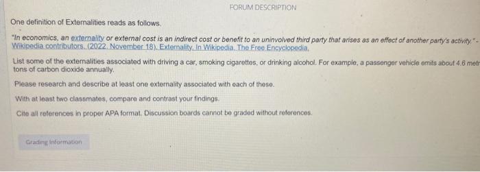 Solved FORUM DESCRIPTION One definition of Externalities | Chegg.com