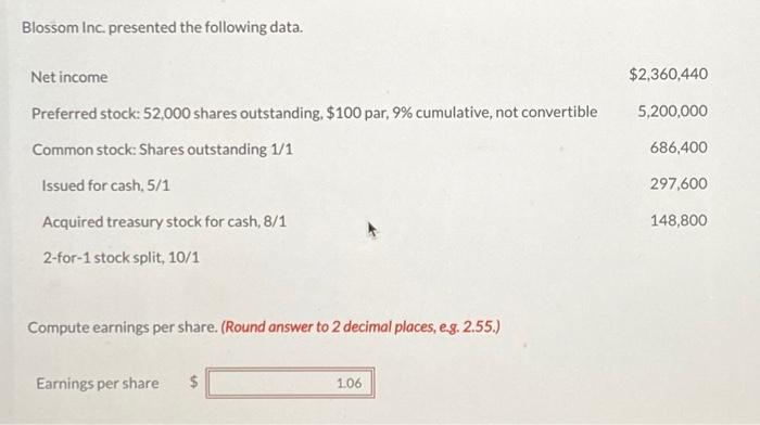 Solved Blossom Inc. presented the following data. Net income | Chegg.com