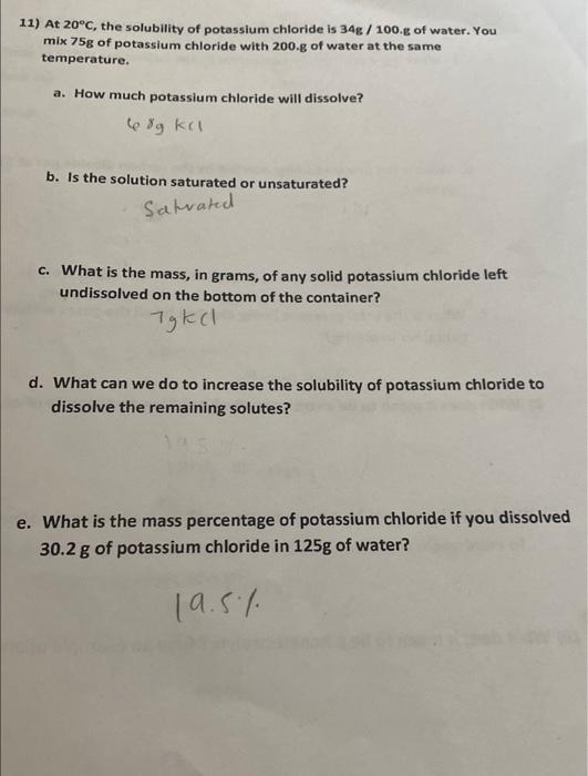 Solved 11) At 20∘C, the solubility of potassium chloride is | Chegg.com