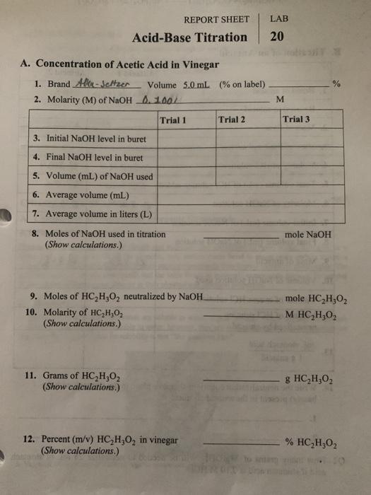 Solved Part A - Trial 1 Initial NaOH level Final NaOH level | Chegg.com