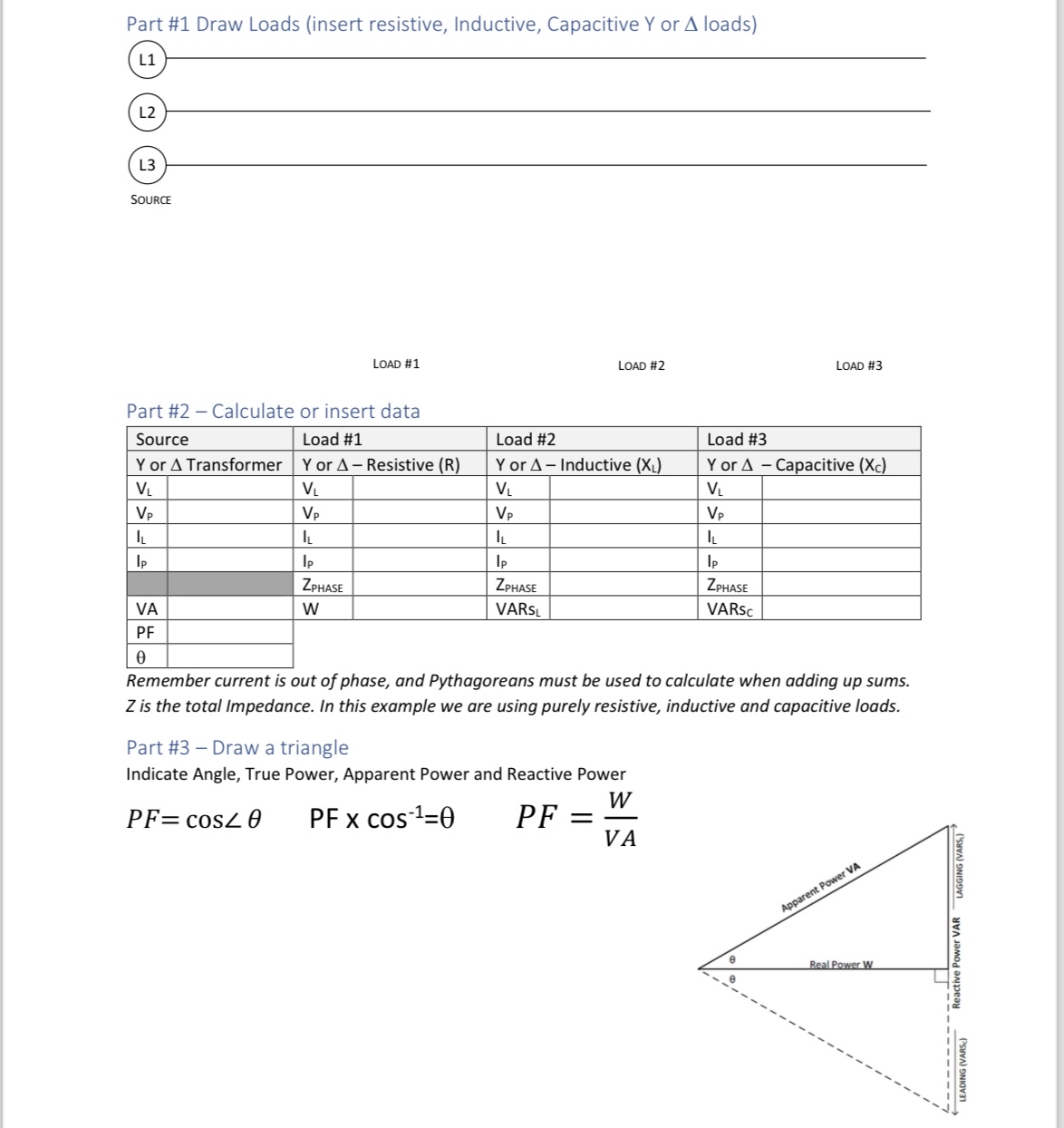 Part #1 ﻿Draw Loads (insert resistive, Inductive, | Chegg.com
