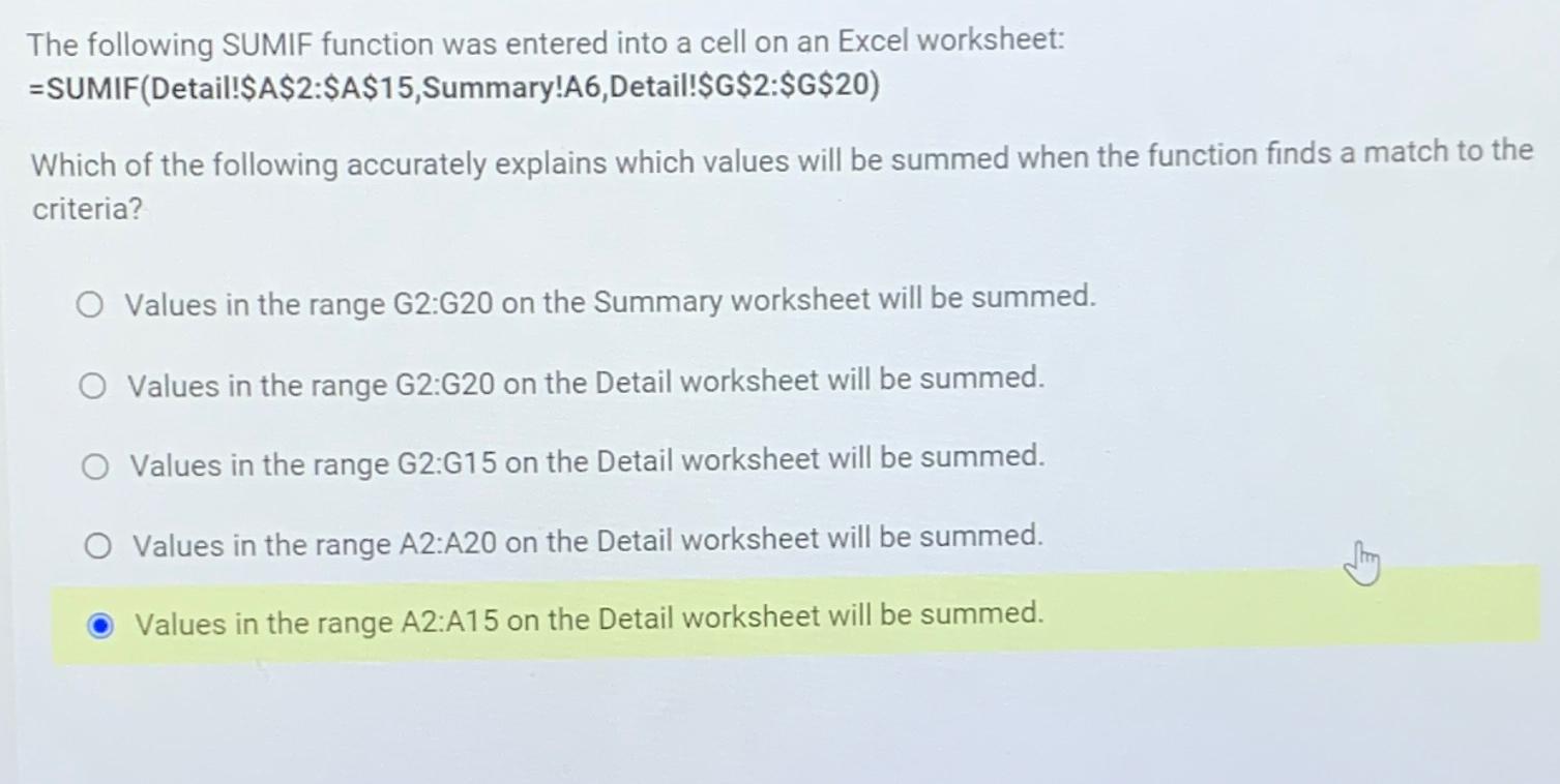 Solved The following SUMIF function was entered into a cell | Chegg.com