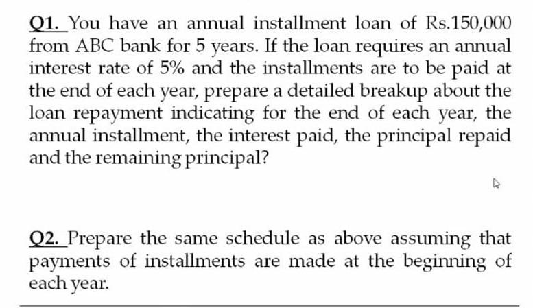 Solved Q1. You have an annual installment loan of Rs.150,000 | Chegg.com