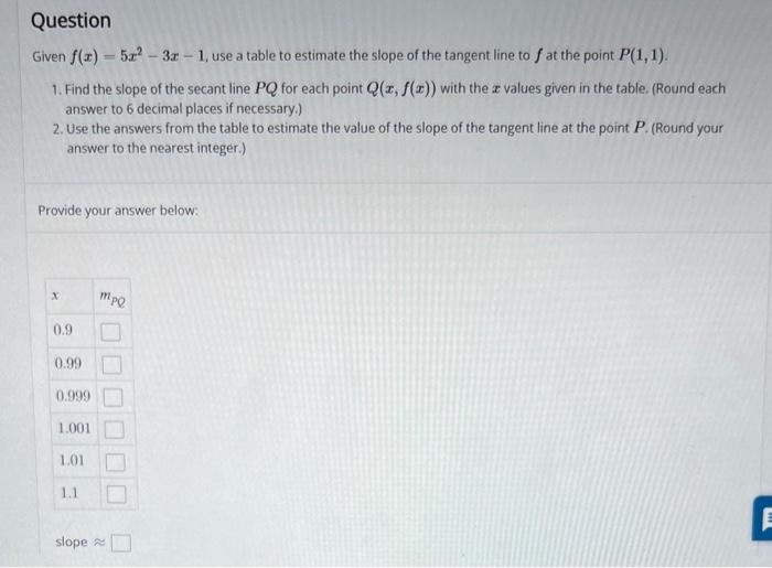 Solved Given f(x)=5x2−3x−1, use a table to estimate the | Chegg.com