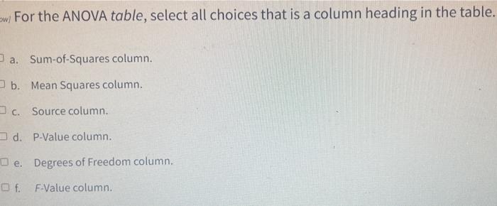 Solved For the ANOVA table, select all choices that is a | Chegg.com