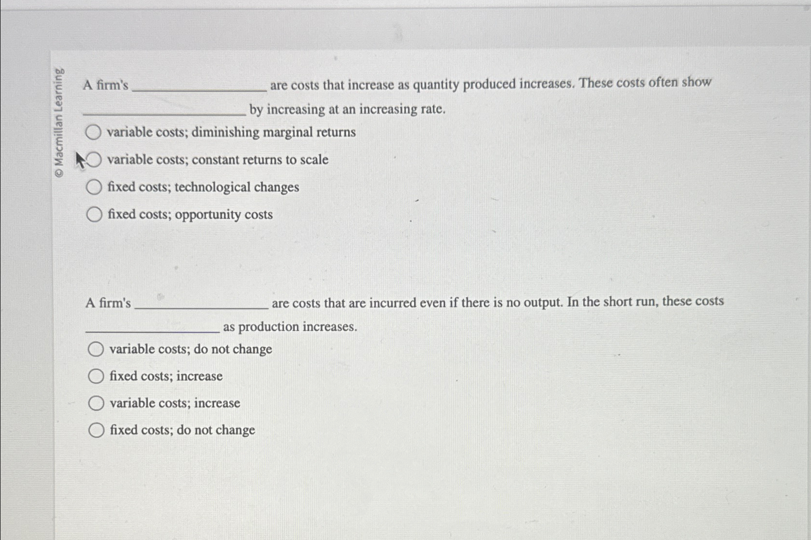 Solved 단 ﻿A firm's are costs that increase as quantity | Chegg.com