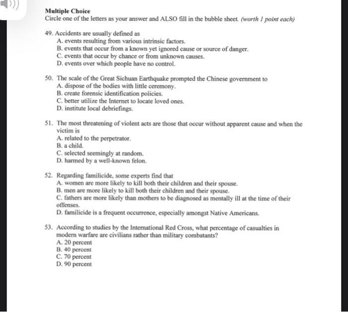 Solved Multiple Choice Circle one of the letters as your | Chegg.com