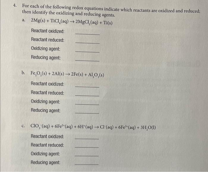 Solved For each of the following redox equations indicate | Chegg.com