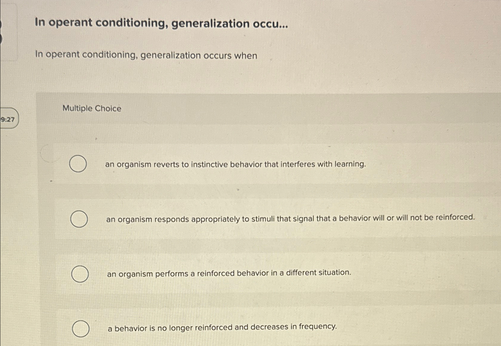 Solved In operant conditioning, generalization occu...In | Chegg.com