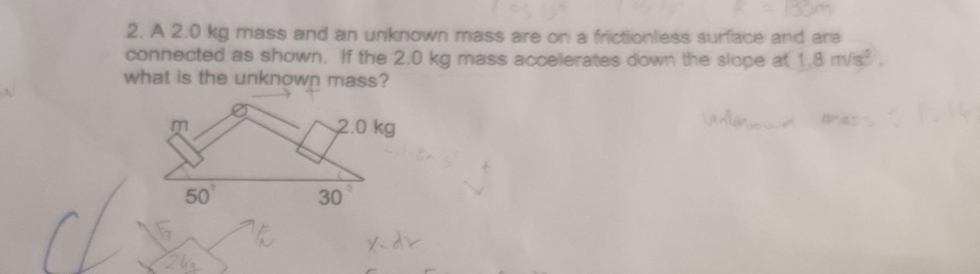Solved 2. A 2.0 kg mass and an unknown mass are on a | Chegg.com