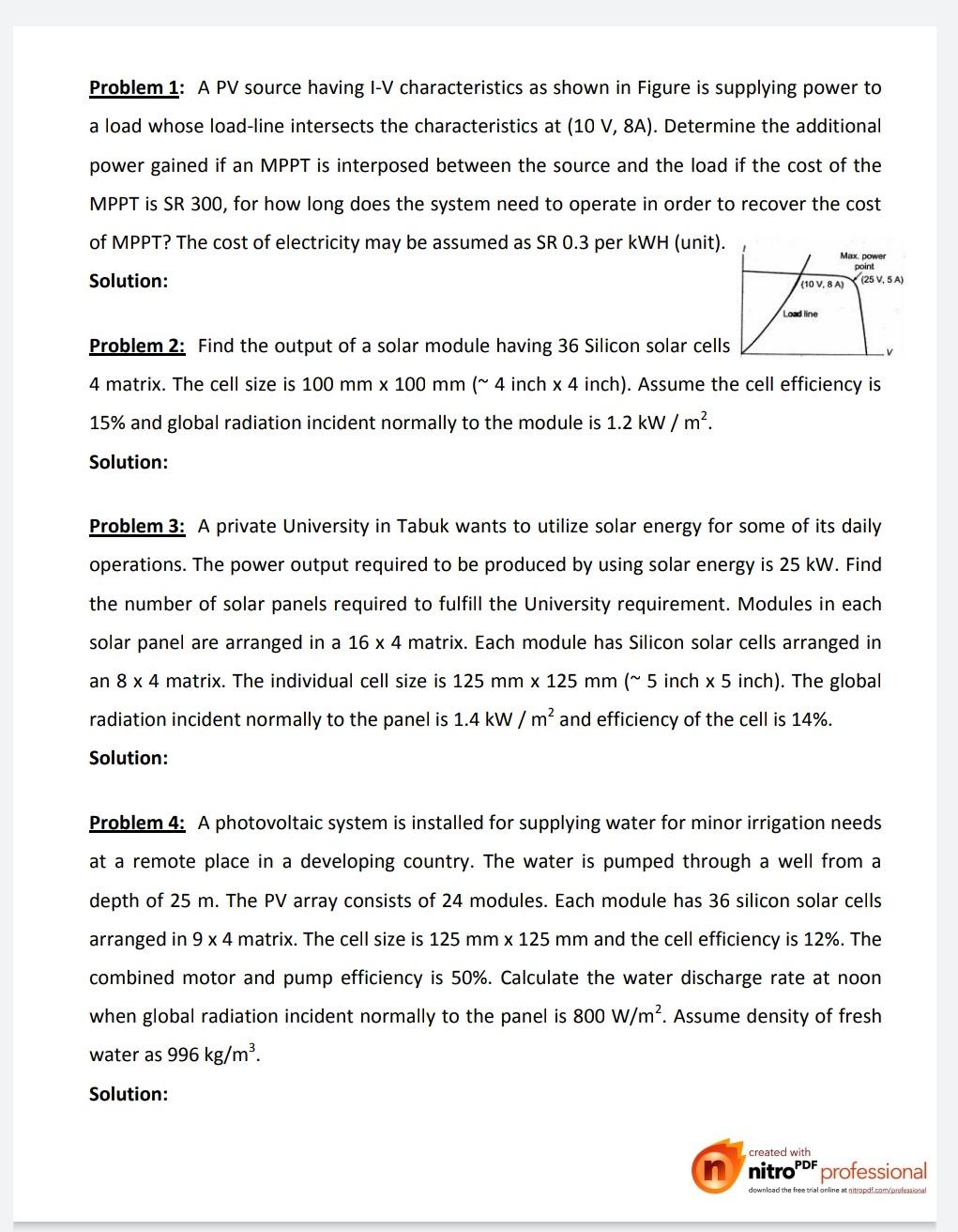 Solved Problem 1: A PV source having l-V characteristics as | Chegg.com