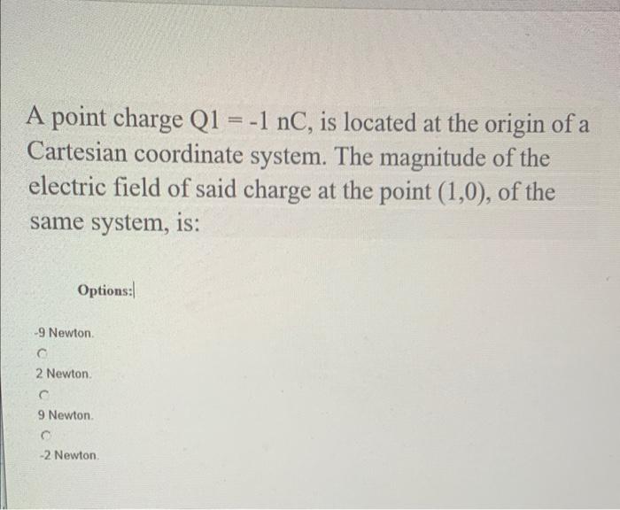 Solved A point charge Q1=−1nC, is located at the origin of a | Chegg.com