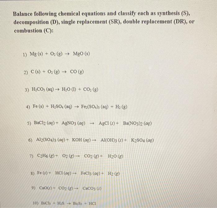 Solved Balance following chemical equations and classify | Chegg.com