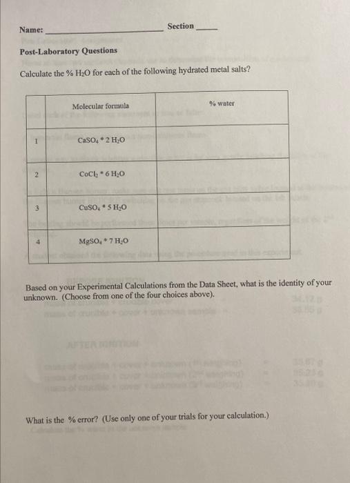Solved Post-Laboratory Questions Calculate the %H2O for each | Chegg.com