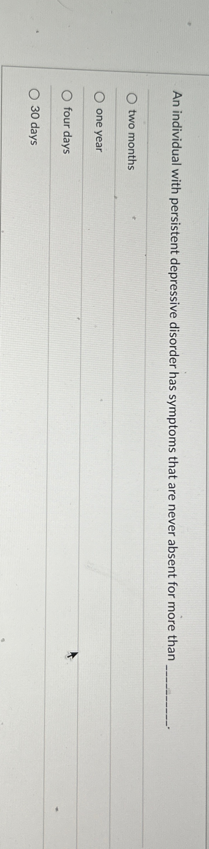 Solved An individual with persistent depressive disorder has | Chegg.com