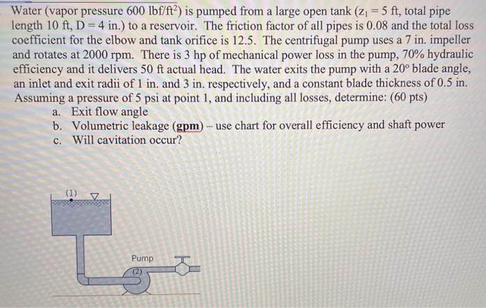 Water (vapor pressure 600 lbf/ft?) is pumped from a | Chegg.com