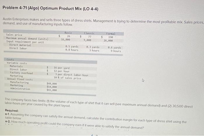 Solved Problem 4-71 (Algo) Optimum Product Mix (LO 4-4) | Chegg.com