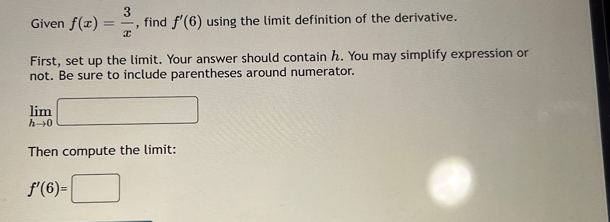 Solved Given f(x)=3x, ﻿find f'(6) ﻿using the limit | Chegg.com