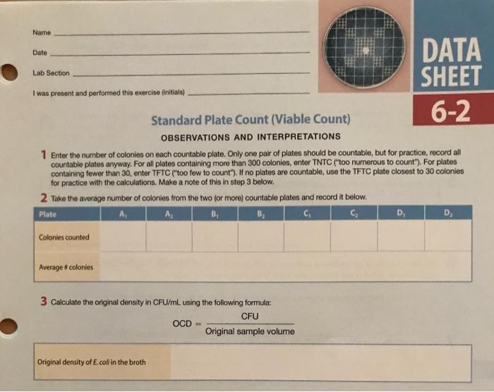 Name Date Lab Section DATA SHEET 6-2 I was present | Chegg.com