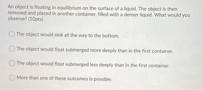 Solved An object is floating in equilibrium on the surface | Chegg.com
