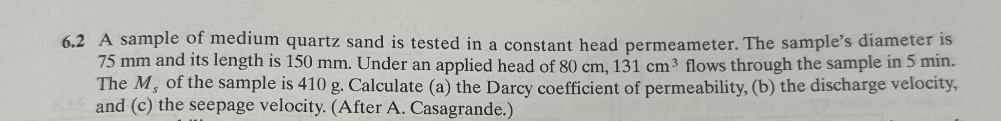 Solved 6.2 ﻿A sample of medium quartz sand is tested in a | Chegg.com