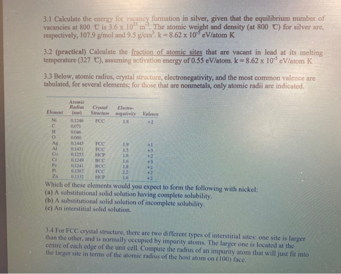 Solved 3.1 Calculate the energy for vacancy formation in | Chegg.com