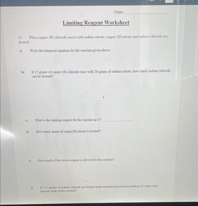 Solved Limiting Reagent Worksheet 1) When copper (II) | Chegg.com
