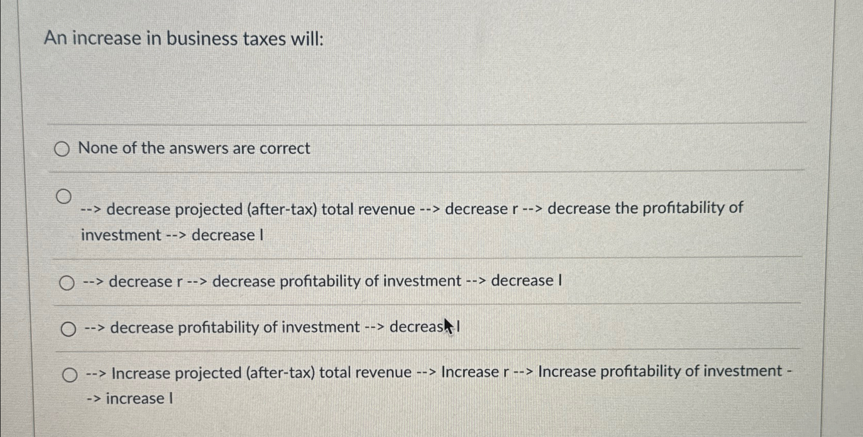 Solved An increase in business taxes will:None of the | Chegg.com