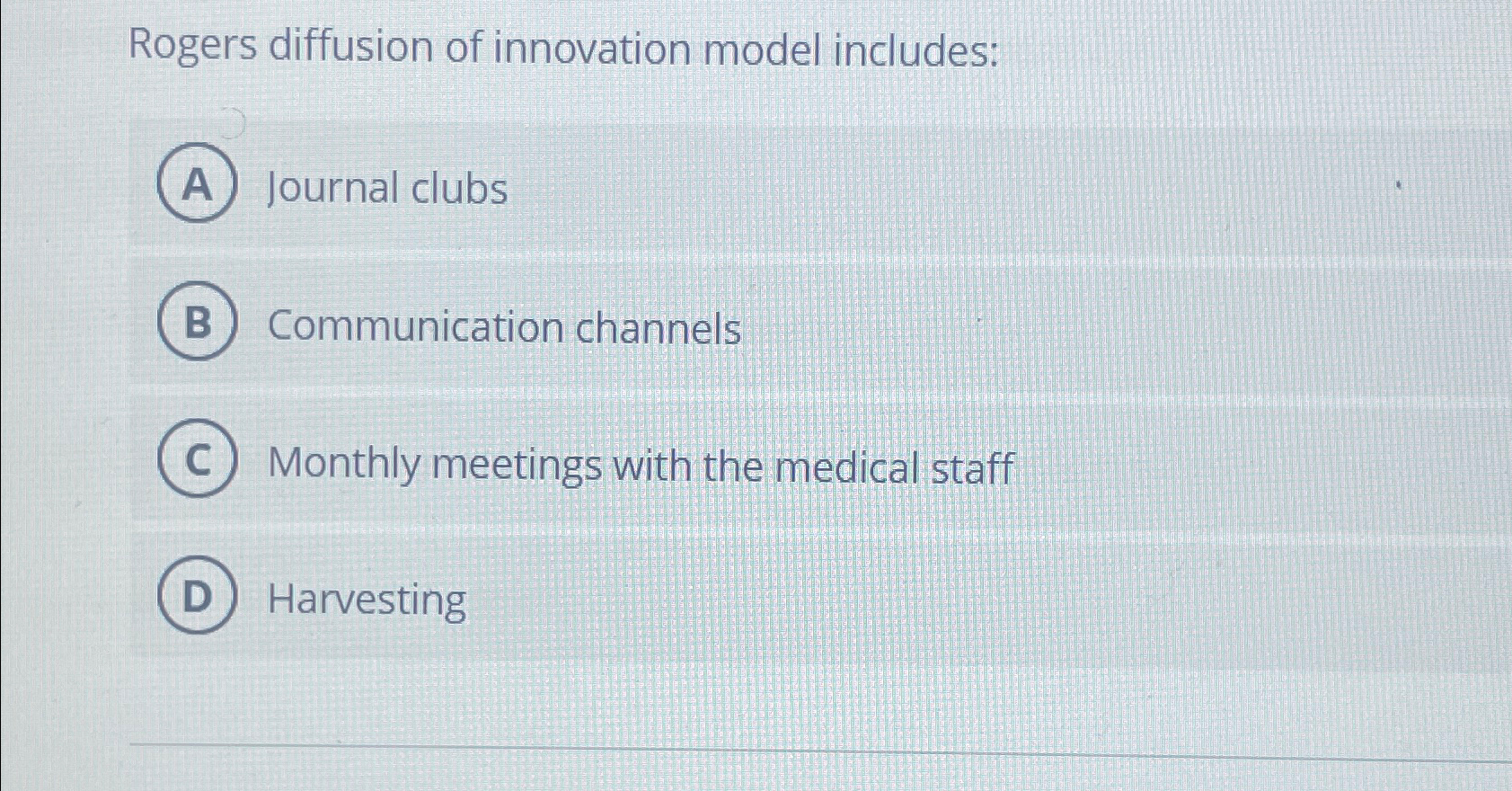 Rogers diffusion of innovation model includes:Journal | Chegg.com