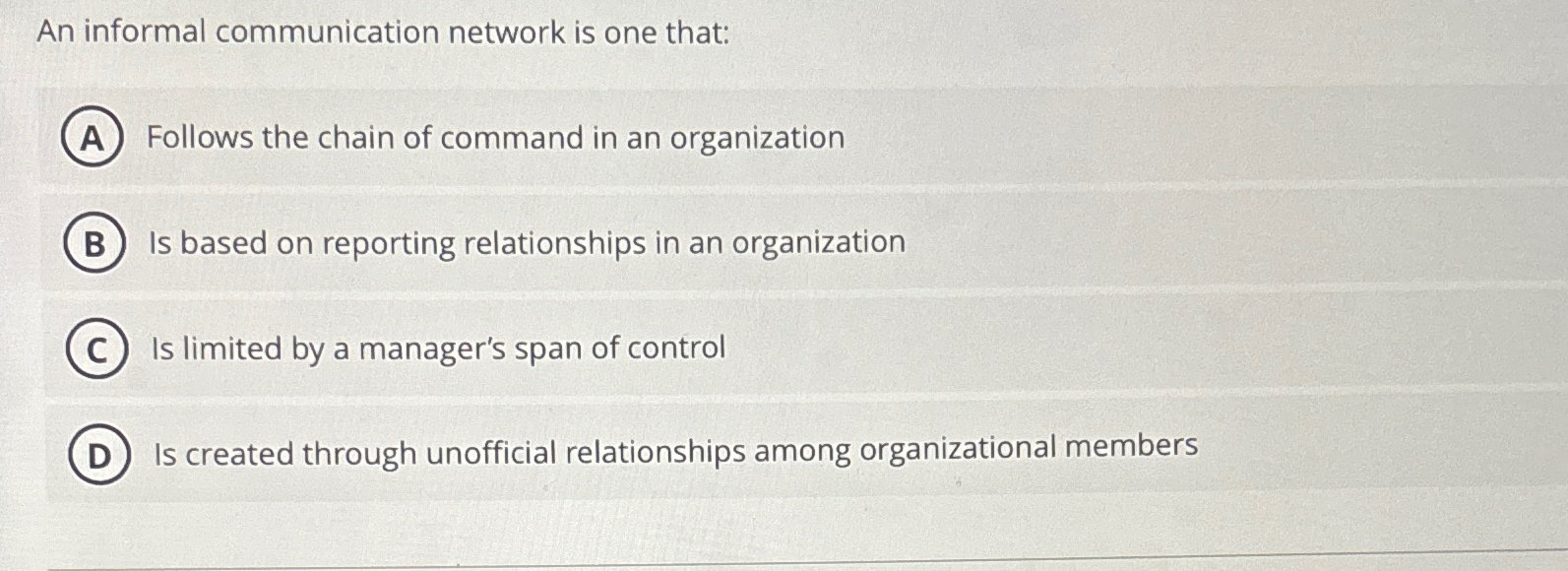 Solved An informal communication network is one that:Follows | Chegg.com