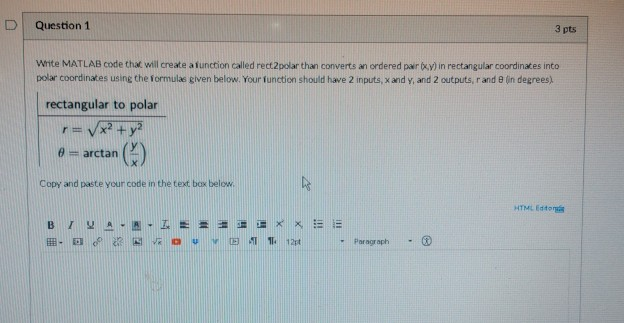 Solved Question 1 3 pts Write MATLAB code that will create a | Chegg.com