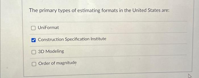 Solved The primary types of estimating formats in the United | Chegg.com