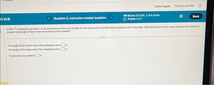 Solved A 600 m2 rectanguly pea patch is to be enclosed by a | Chegg.com