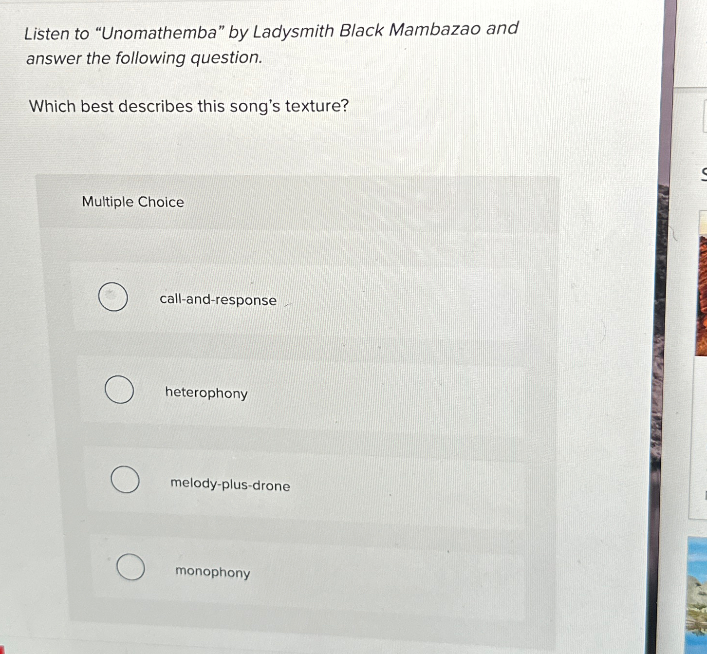 Solved Listen to "Unomathemba" by Ladysmith Black Mambazao | Chegg.com