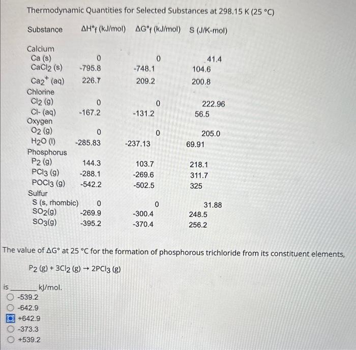 Solved Thermodynamic Quantities for Selected Substances at | Chegg.com
