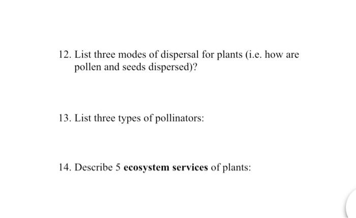 Solved 12. List three modes of dispersal for plants (i.e. | Chegg.com