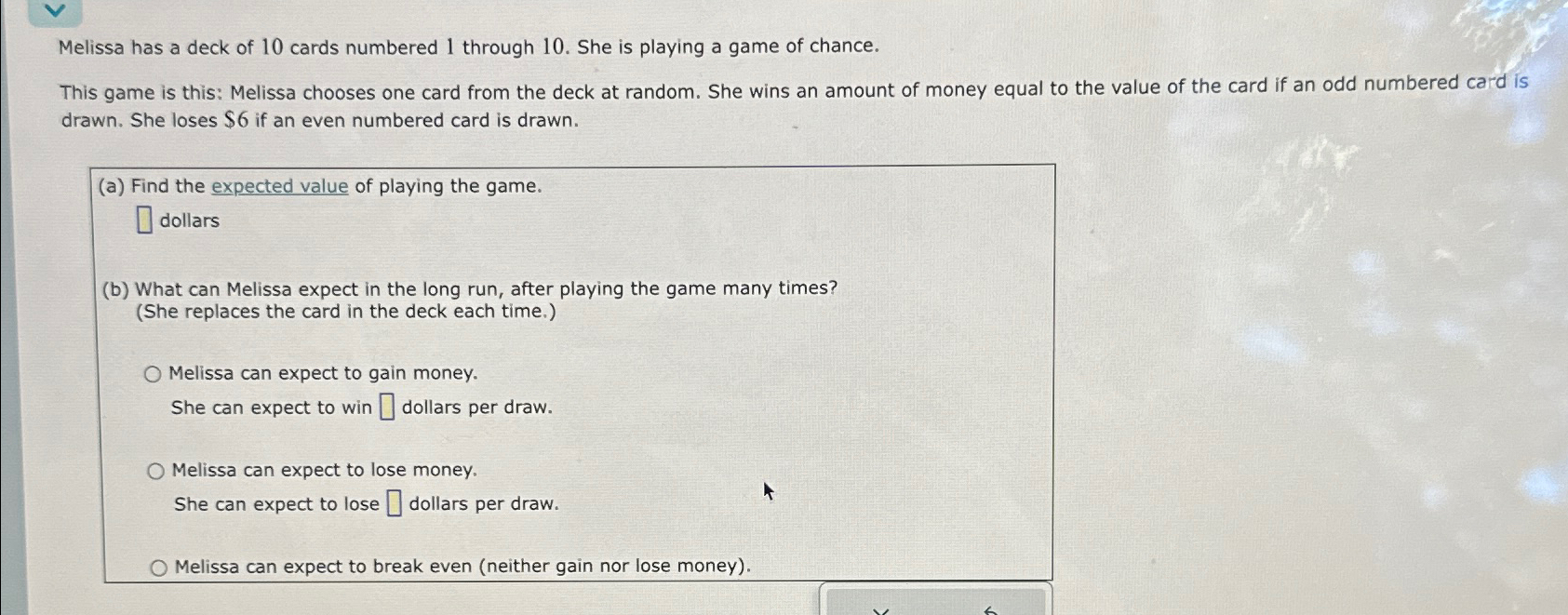 Melissa has a deck of 10 ﻿cards numbered 1 ﻿through | Chegg.com