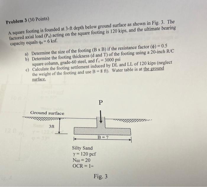 Solved Problem 3 ( 30 Points) A square footing is founded at | Chegg.com