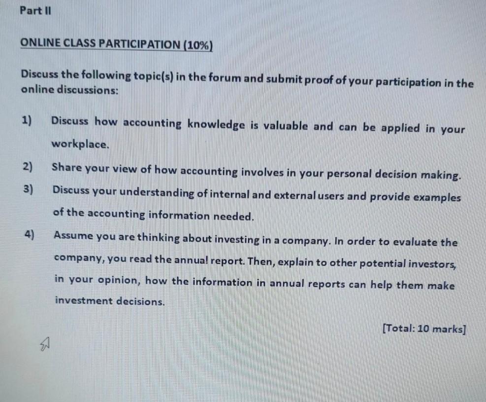 Solved Part II ONLINE CLASS PARTICIPATION (10%) Discuss the | Chegg.com