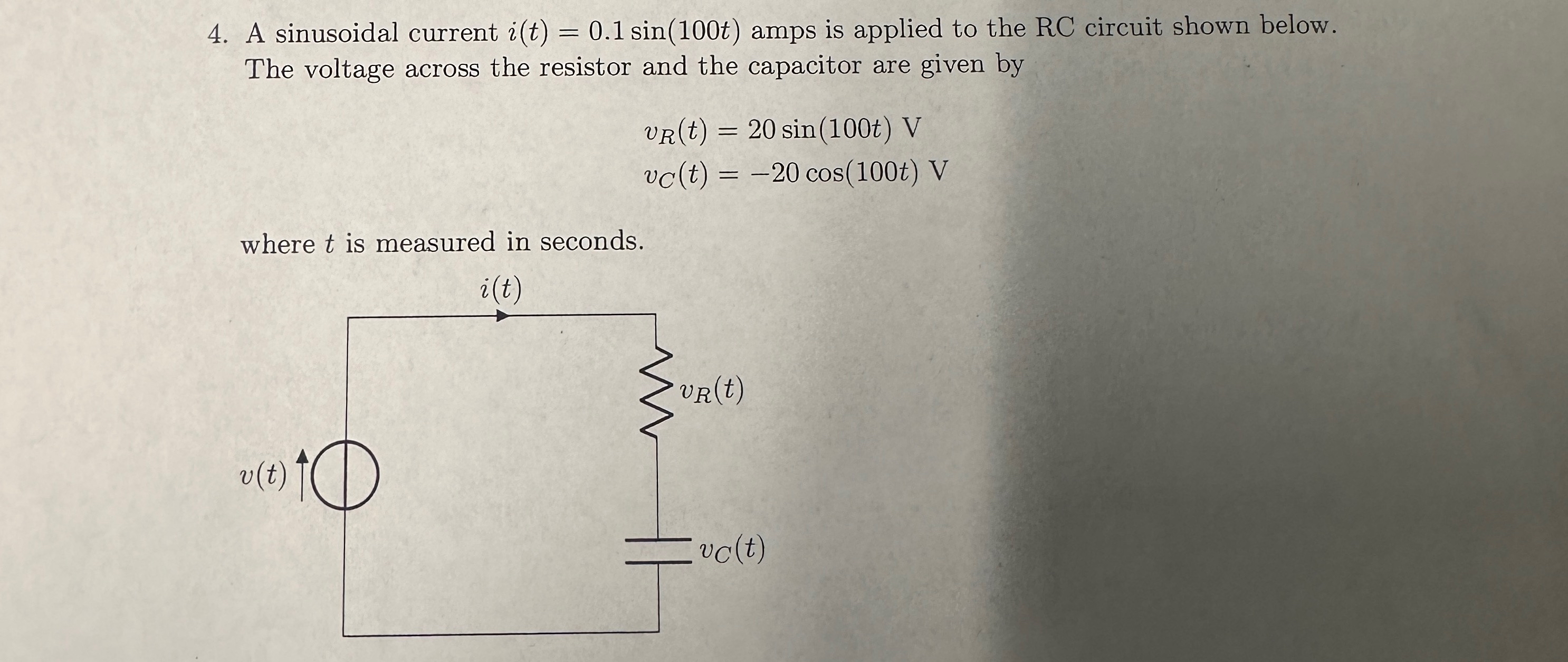 Solved A sinusoidal current i(t)=0.1sin(100t) ﻿amps is | Chegg.com
